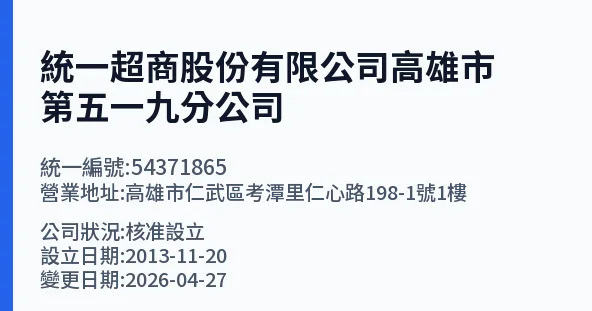 統一超商股份有限公司高雄市第五一九分公司的照片-統編 54371865(高雄市) 公司登記資料與營業項目詳細圖表