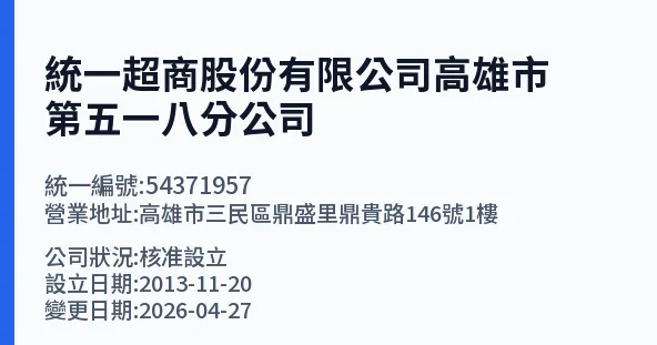 統一超商股份有限公司高雄市第五一八分公司的照片-統編 54371957(高雄市) 公司登記資料與營業項目詳細圖表