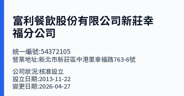 富利餐飲股份有限公司新莊幸福分公司的照片-統編 54372105(新北市) 公司登記資料與營業項目詳細圖表