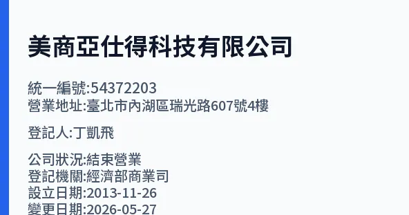 美商亞仕得科技有限公司的照片-統編 54372203(臺北市) 公司登記資料與營業項目詳細圖表