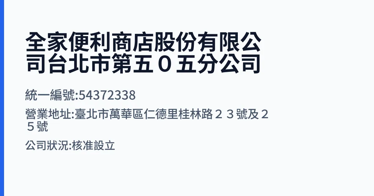 全家便利商店股份有限公司台北市第五0五分公司 - 統編 54372338(臺北市) 公司登記資料與營業項目詳細圖表