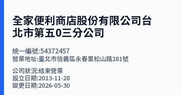 全家便利商店股份有限公司台北市第五0三分公司的照片-統編 54372457(臺北市) 公司登記資料與營業項目詳細圖表