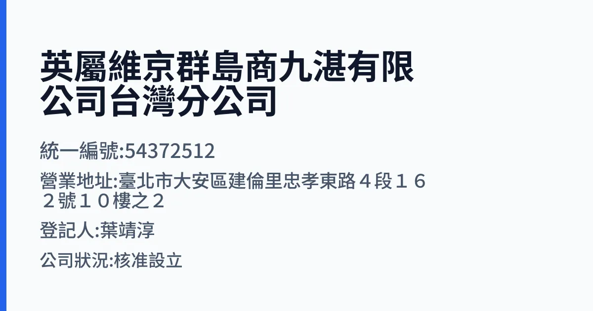 英屬維京群島商九湛有限公司台灣分公司 - 統編 54372512(臺北市) 公司登記資料與營業項目詳細圖表