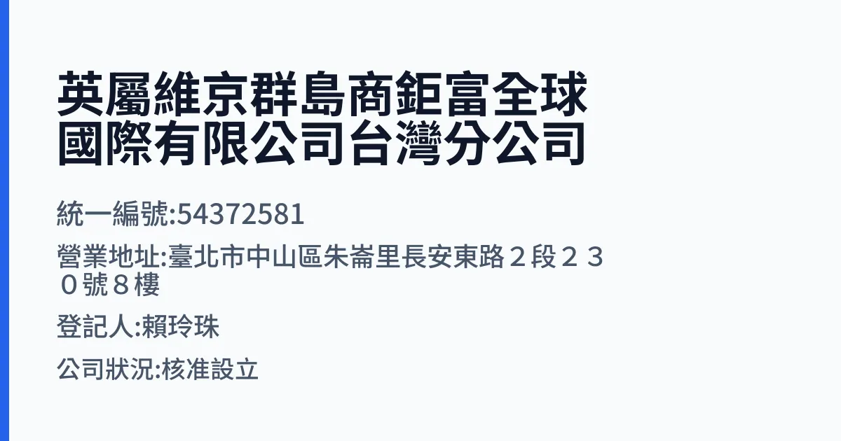 英屬維京群島商鉅富全球國際有限公司台灣分公司 - 統編 54372581(臺北市) 公司登記資料與營業項目詳細圖表