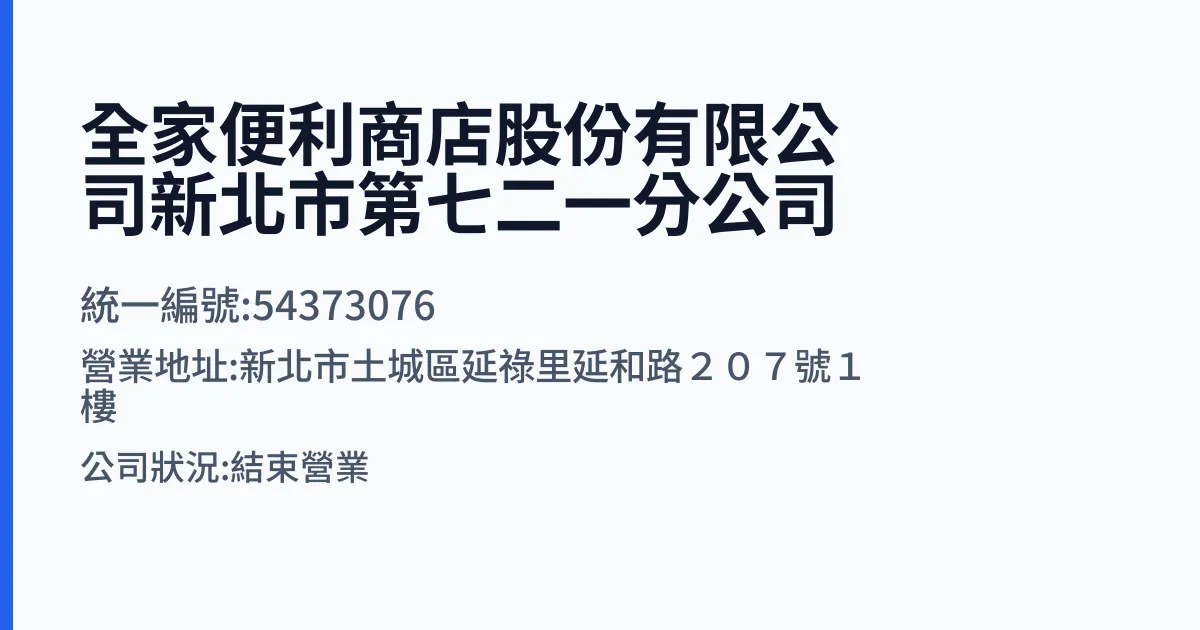 全家便利商店股份有限公司新北市第七二一分公司 - 統編 54373076（新北市） 公司登記資料與營業項目詳細圖表