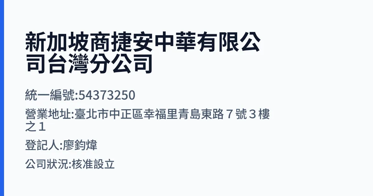 新加坡商捷安中華有限公司台灣分公司 - 統編 54373250(臺北市) 公司登記資料與營業項目詳細圖表