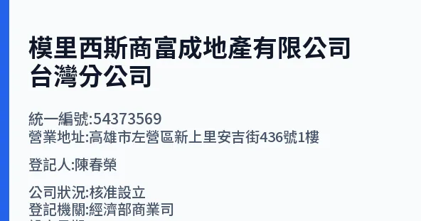 模里西斯商富成地產有限公司台灣分公司的照片-統編 54373569(高雄市) 公司登記資料與營業項目詳細圖表