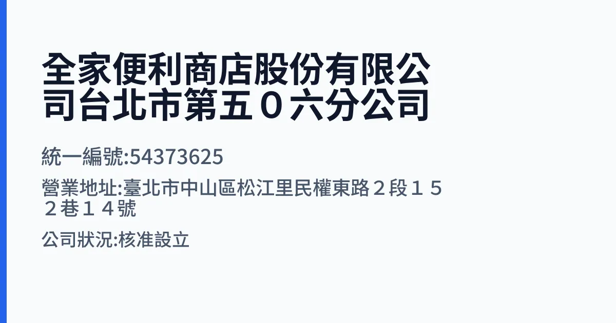 全家便利商店股份有限公司台北市第五0六分公司 - 統編 54373625(臺北市) 公司登記資料與營業項目詳細圖表