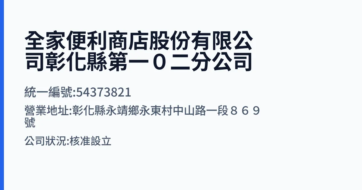 全家便利商店股份有限公司彰化縣第一０二分公司 - 統編 54373821(彰化縣) 公司登記資料與營業項目詳細圖表