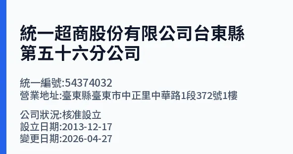 統一超商股份有限公司台東縣第五十六分公司的照片-統編 54374032(臺東縣) 公司登記資料與營業項目詳細圖表