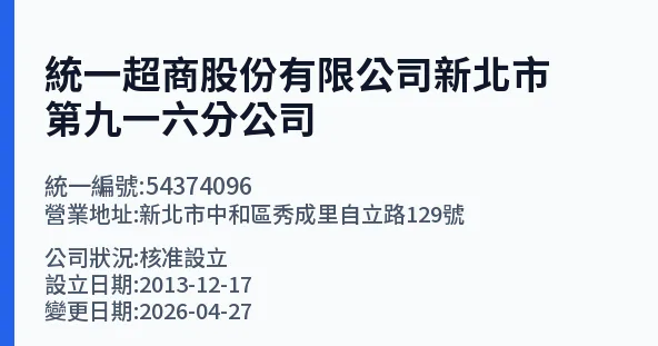 統一超商股份有限公司新北市第九一六分公司的照片-統編 54374096(新北市) 公司登記資料與營業項目詳細圖表
