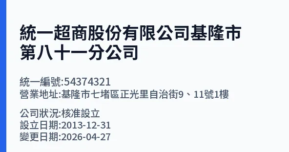 統一超商股份有限公司基隆市第八十一分公司的照片-統編 54374321(基隆市) 公司登記資料與營業項目詳細圖表