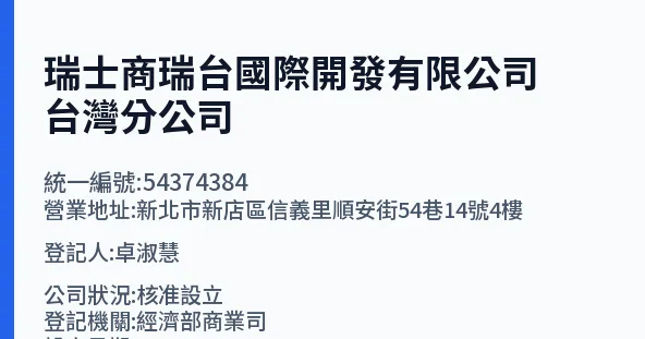 瑞士商瑞台國際開發有限公司台灣分公司的照片-統編 54374384(新北市) 公司登記資料與營業項目詳細圖表