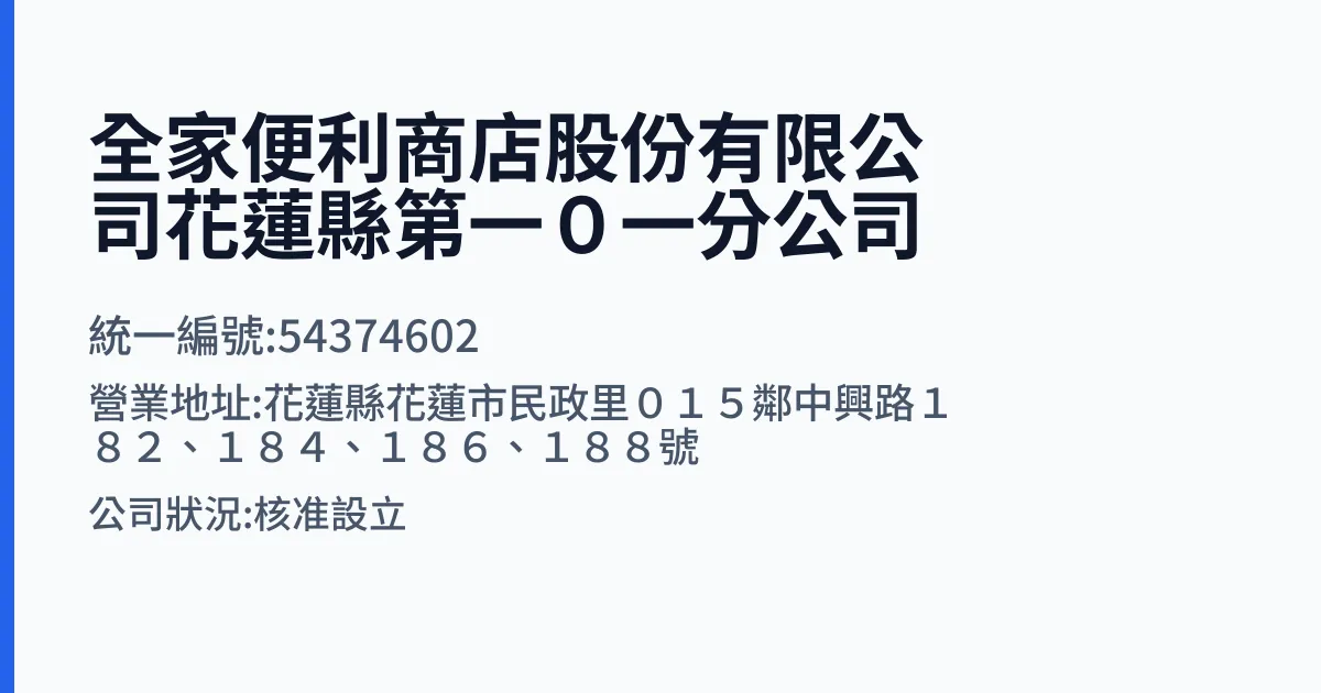 全家便利商店股份有限公司花蓮縣第一０一分公司 - 統編 54374602(花蓮縣) 公司登記資料與營業項目詳細圖表