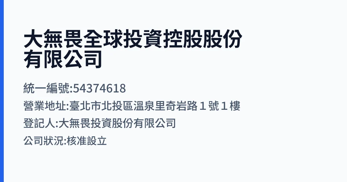 大無畏全球投資控股股份有限公司 - 統編 54374618(臺北市) 公司登記資料與營業項目詳細圖表