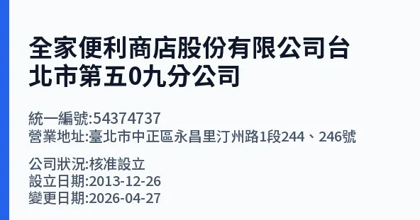 全家便利商店股份有限公司台北市第五0九分公司的照片-統編 54374737(臺北市) 公司登記資料與營業項目詳細圖表