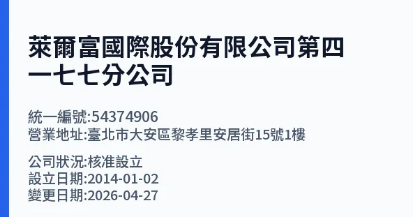 萊爾富國際股份有限公司第四一七七分公司的照片-統編 54374906(臺北市) 公司登記資料與營業項目詳細圖表