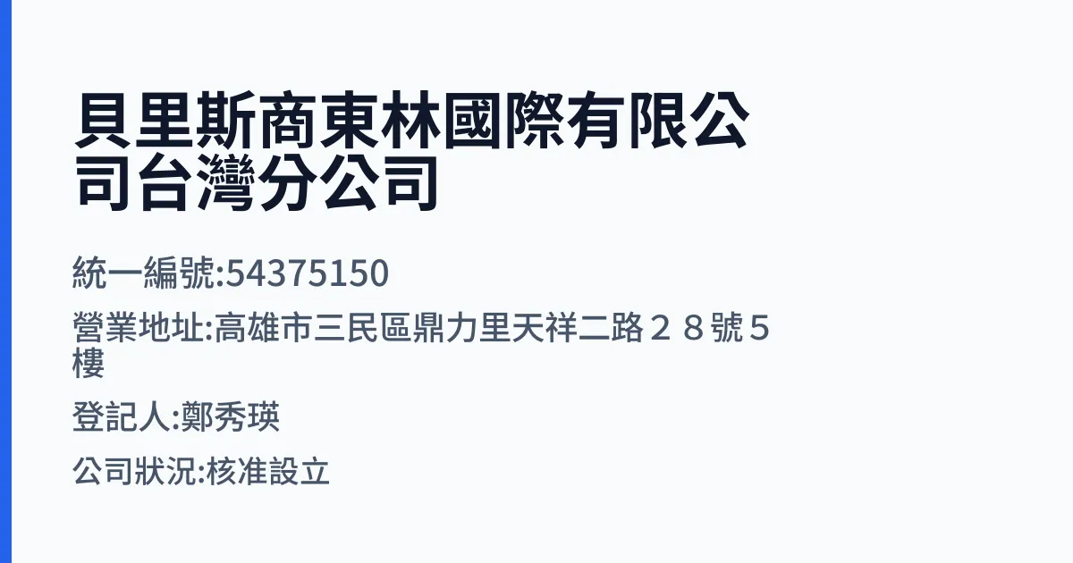 貝里斯商東林國際有限公司台灣分公司 - 統編 54375150(高雄市) 公司登記資料與營業項目詳細圖表