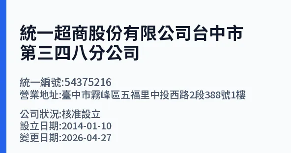 統一超商股份有限公司台中市第三四八分公司的照片-統編 54375216(臺中市) 公司登記資料與營業項目詳細圖表