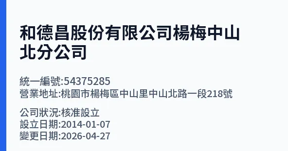 和德昌股份有限公司楊梅中山北分公司的照片-統編 54375285(桃園市) 公司登記資料與營業項目詳細圖表