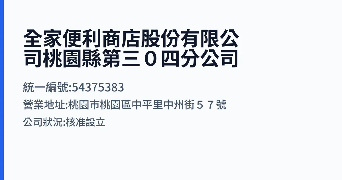 全家便利商店股份有限公司桃園縣第三0四分公司 - 統編 54375383(桃園市) 公司登記資料與營業項目詳細圖表