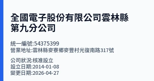 全國電子股份有限公司雲林縣第九分公司的照片-統編 54375399(雲林縣) 公司登記資料與營業項目詳細圖表