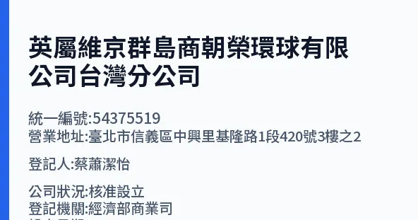 英屬維京群島商朝榮環球有限公司台灣分公司的照片-統編 54375519(臺北市) 公司登記資料與營業項目詳細圖表