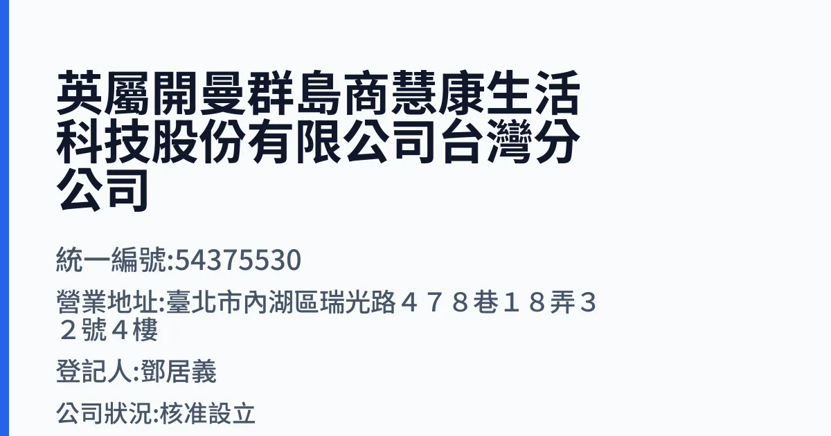 英屬開曼群島商慧康生活科技股份有限公司台灣分公司 - 統編 54375530(臺北市) 公司登記資料與營業項目詳細圖表