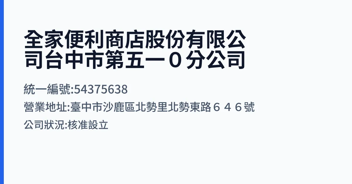 全家便利商店股份有限公司台中市第五一０分公司 - 統編 54375638(臺中市) 公司登記資料與營業項目詳細圖表