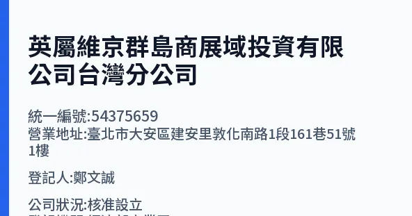 英屬維京群島商展域投資有限公司台灣分公司的照片-統編 54375659(臺北市) 公司登記資料與營業項目詳細圖表
