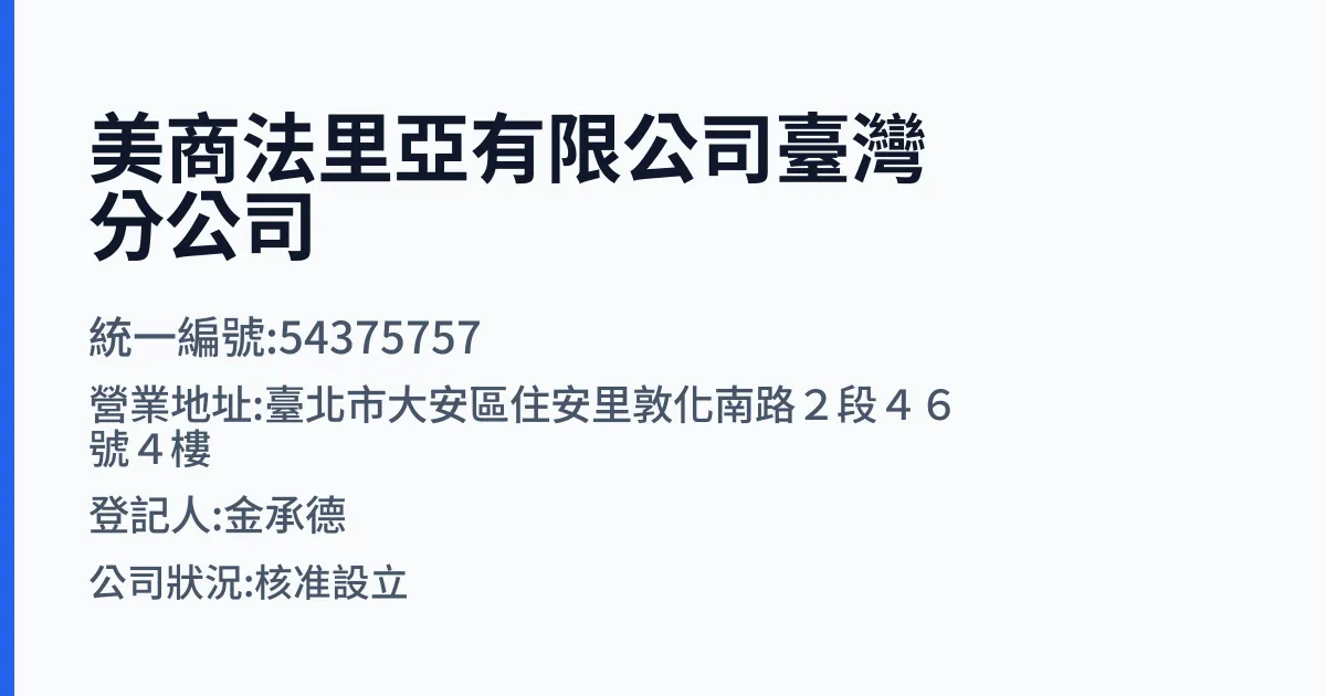 美商法里亞有限公司臺灣分公司 - 統編 54375757(臺北市) 公司登記資料與營業項目詳細圖表