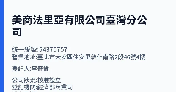 美商法里亞有限公司臺灣分公司的照片-統編 54375757(臺北市) 公司登記資料與營業項目詳細圖表