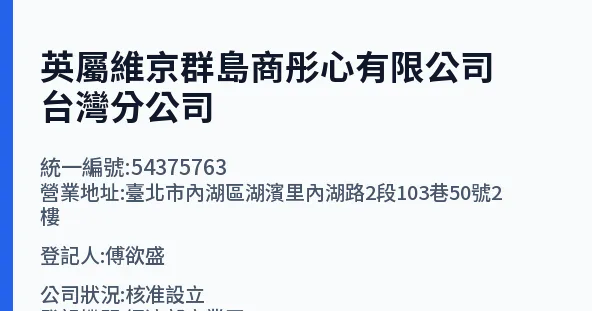 英屬維京群島商彤心有限公司台灣分公司的照片-統編 54375763(臺北市) 公司登記資料與營業項目詳細圖表