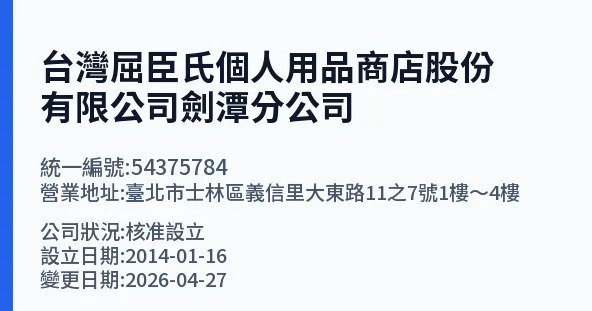 台灣屈臣氏個人用品商店股份有限公司劍潭分公司的照片-統編 54375784(臺北市) 公司登記資料與營業項目詳細圖表