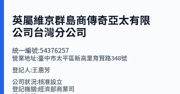 英屬維京群島商傳奇亞太有限公司台灣分公司的照片-統編 54376257(臺中市) 公司登記資料與營業項目詳細圖表