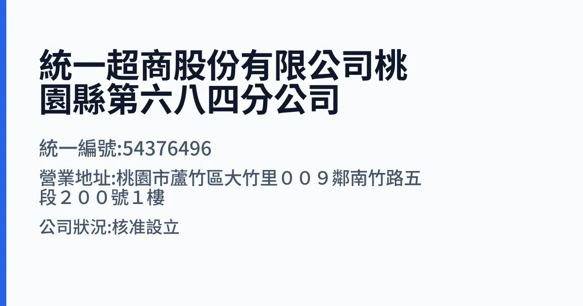 統一超商股份有限公司桃園縣第六八四分公司 - 統編 54376496(桃園市) 公司登記資料與營業項目詳細圖表