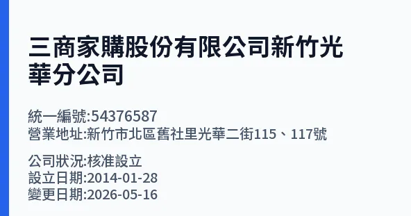 三商家購股份有限公司新竹光華分公司的照片-統編 54376587(新竹市) 公司登記資料與營業項目詳細圖表