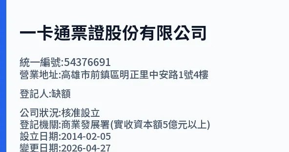 一卡通票證股份有限公司的照片-統編 54376691(高雄市) 公司登記資料與營業項目詳細圖表