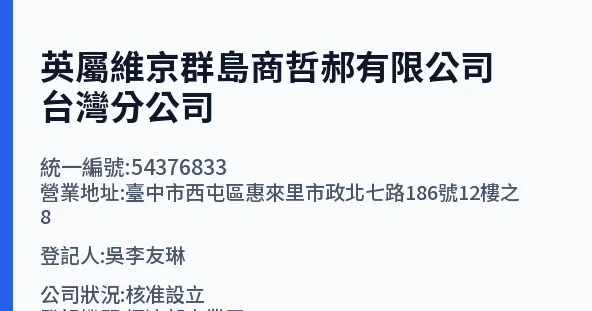 英屬維京群島商哲郝有限公司台灣分公司的照片-統編 54376833(臺中市) 公司登記資料與營業項目詳細圖表