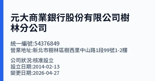 元大商業銀行股份有限公司樹林分公司的照片-統編 54376849(新北市) 公司登記資料與營業項目詳細圖表