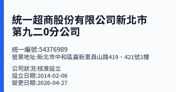 統一超商股份有限公司新北市第九二0分公司的照片-統編 54376989(新北市) 公司登記資料與營業項目詳細圖表