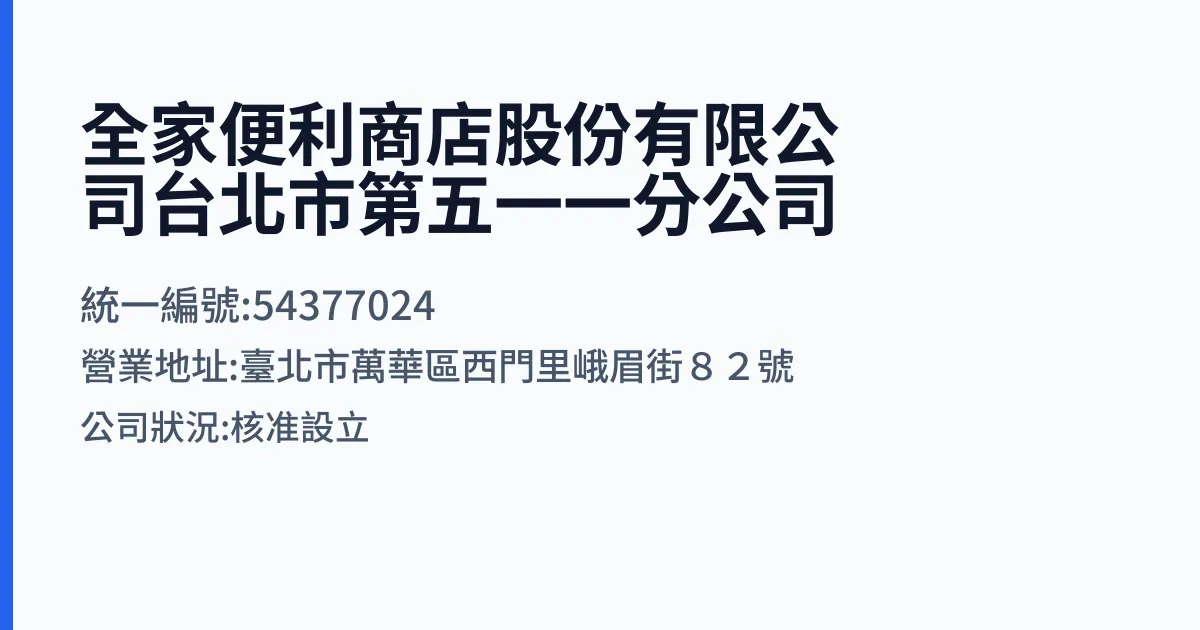 全家便利商店股份有限公司台北市第五一一分公司 - 統編 54377024(臺北市) 公司登記資料與營業項目詳細圖表