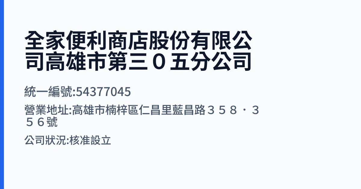 全家便利商店股份有限公司高雄市第三０五分公司 - 統編 54377045(高雄市) 公司登記資料與營業項目詳細圖表