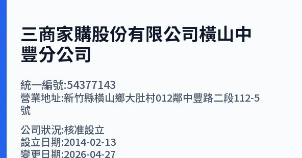 三商家購股份有限公司橫山中豐分公司的照片-統編 54377143(新竹縣) 公司登記資料與營業項目詳細圖表