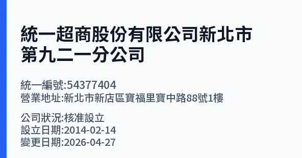 統一超商股份有限公司新北市第九二一分公司的照片-統編 54377404(新北市) 公司登記資料與營業項目詳細圖表