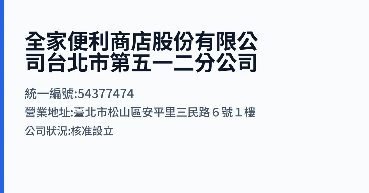 全家便利商店股份有限公司台北市第五一二分公司 - 統編 54377474(臺北市) 公司登記資料與營業項目詳細圖表