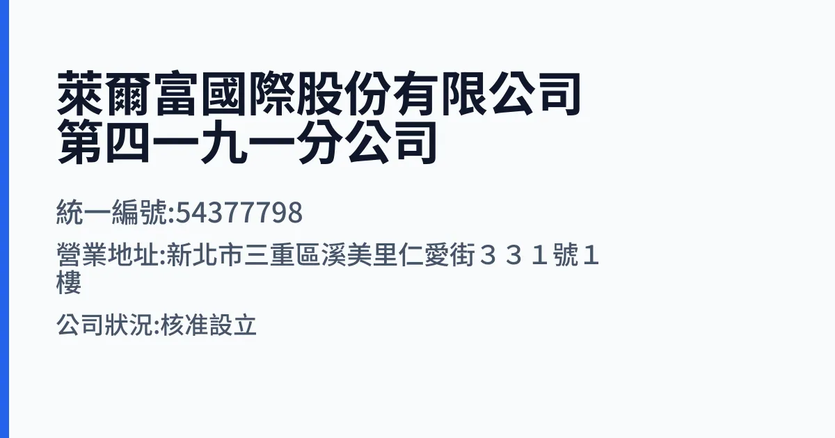 萊爾富國際股份有限公司第四一九一分公司 - 統編 54377798(新北市) 公司登記資料與營業項目詳細圖表