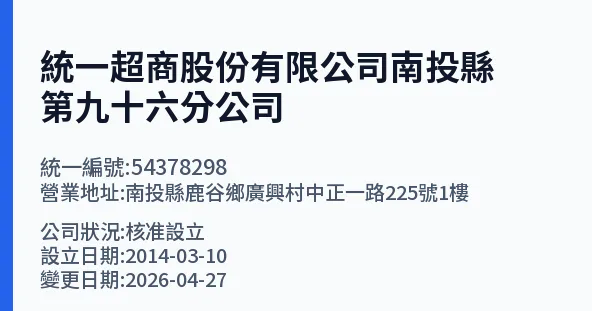 統一超商股份有限公司南投縣第九十六分公司的照片-統編 54378298(南投縣) 公司登記資料與營業項目詳細圖表
