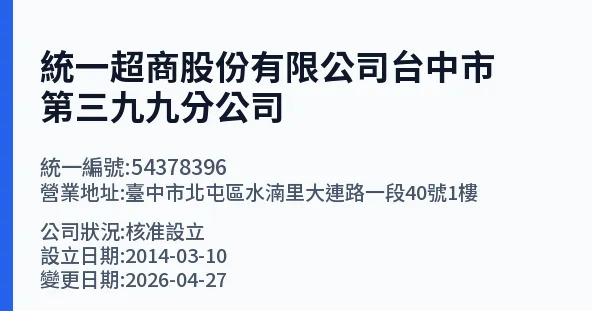 統一超商股份有限公司台中市第三九九分公司的照片-統編 54378396(臺中市) 公司登記資料與營業項目詳細圖表