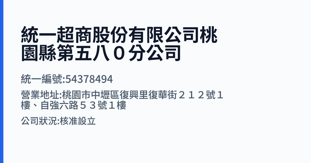 統一超商股份有限公司桃園縣第五八0分公司 - 統編 54378494(桃園市) 公司登記資料與營業項目詳細圖表